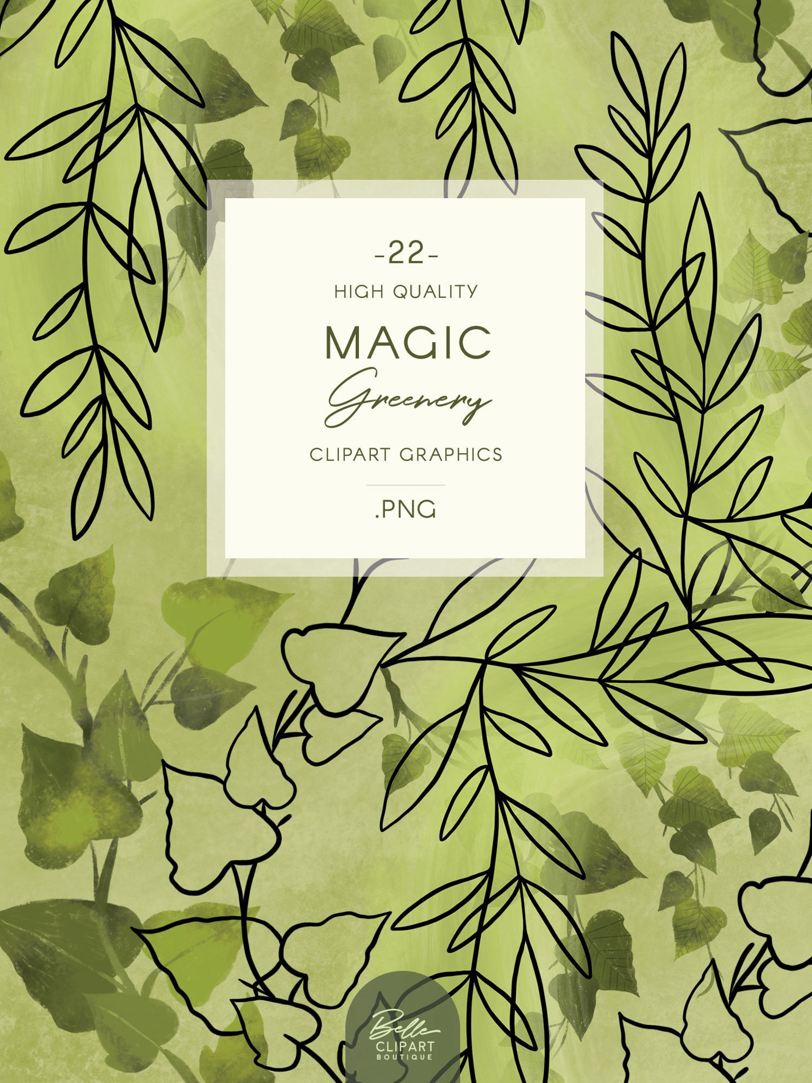 Line Art Greenery & Green Watercolor Leaves and Frames Clip - Etsy