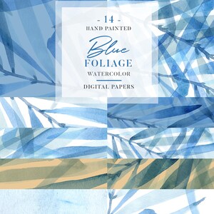 Blue Foliage Watercolor Digital Paper Set, Botanical Backgrounds ...