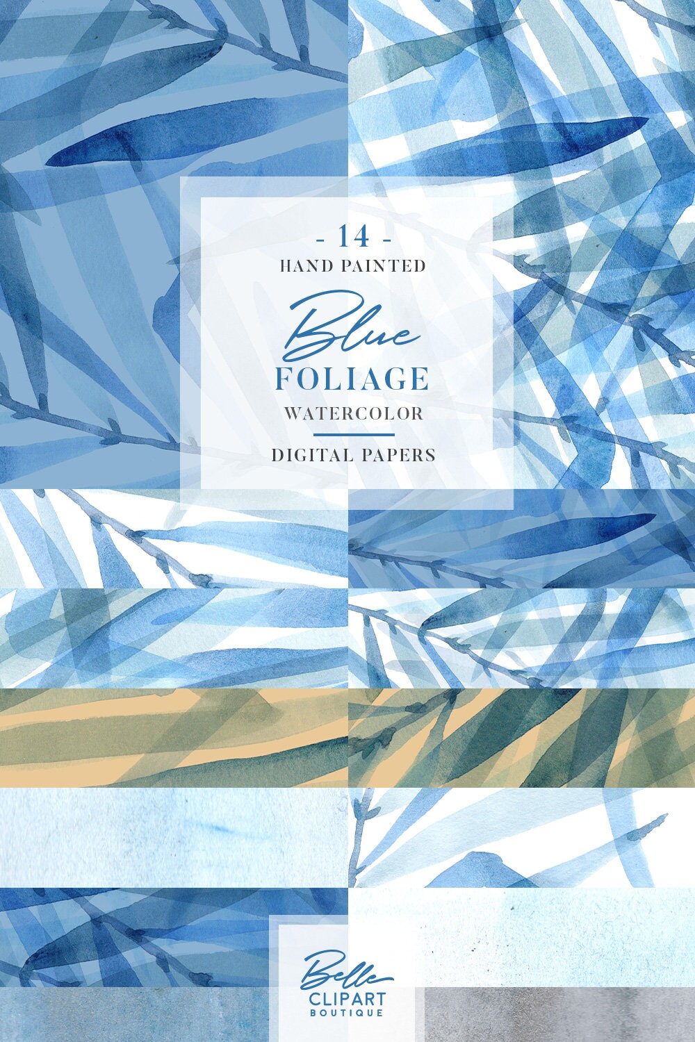 Blue Foliage watercolor Digital Paper set Botanical | Etsy