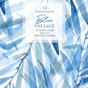 Blue Foliage Watercolor Digital Paper Set, Botanical Backgrounds ...