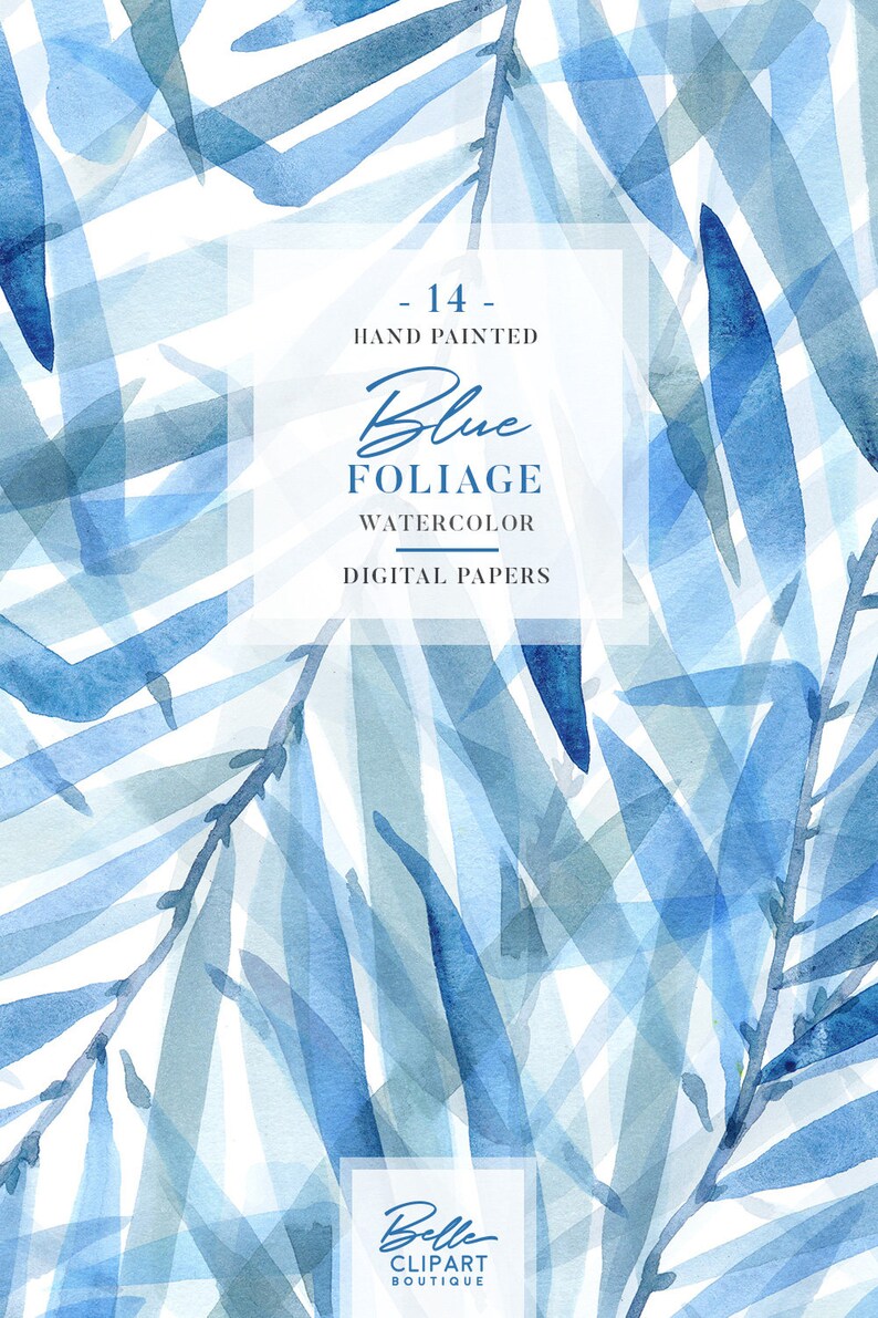 Blue Foliage Watercolor Digital Paper Set, Botanical Backgrounds ...