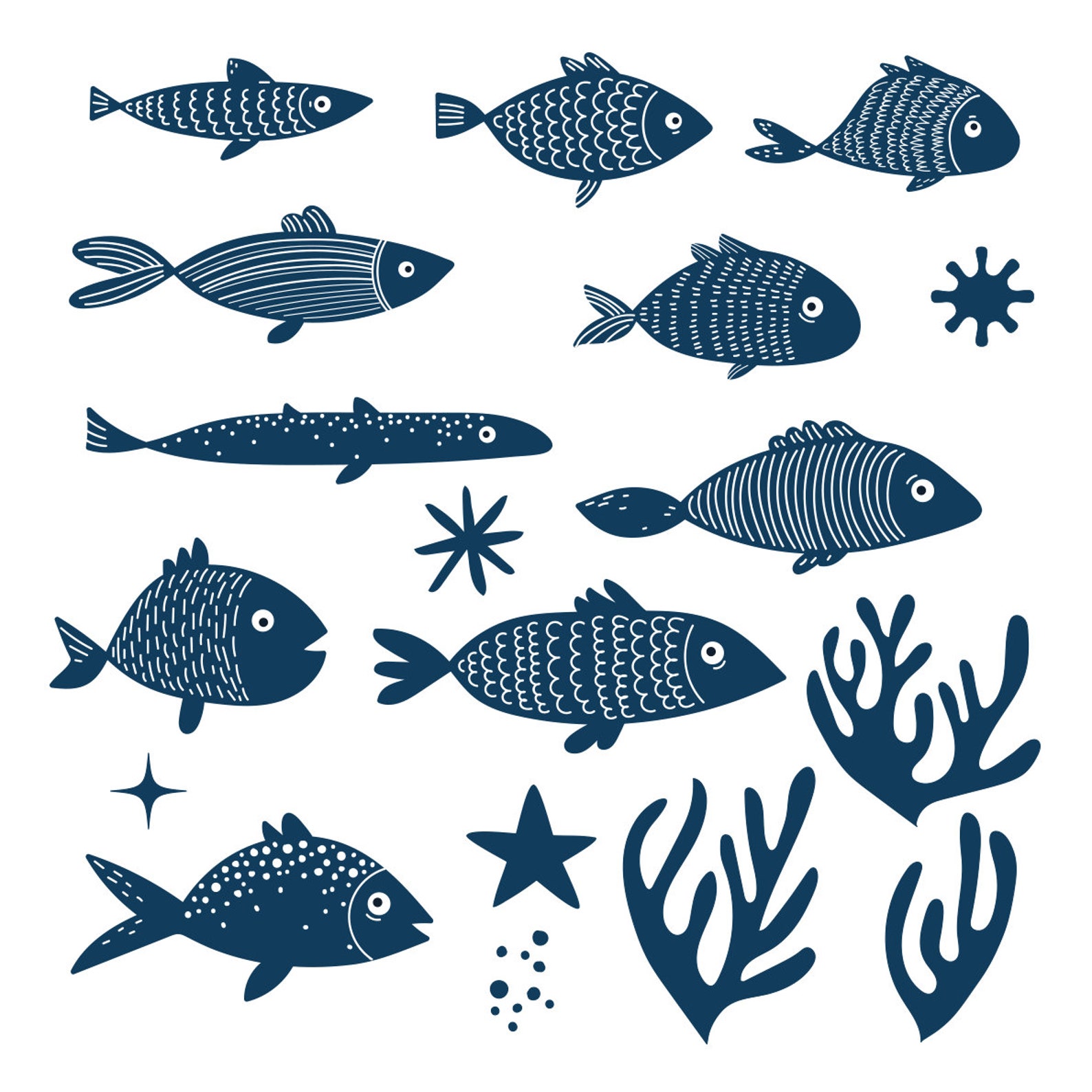 Digital Summer Fish Clipart - Hand Drawn Sealife Set - Simple Minimal ...