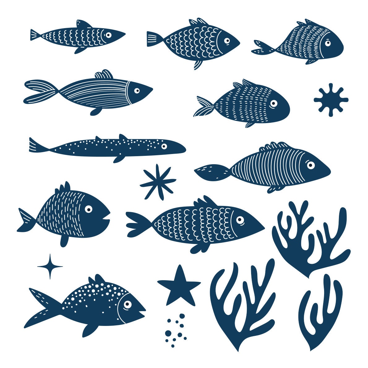 Digital Summer Fish Clipart - Hand Drawn Sealife Set - Simple Minimal ...
