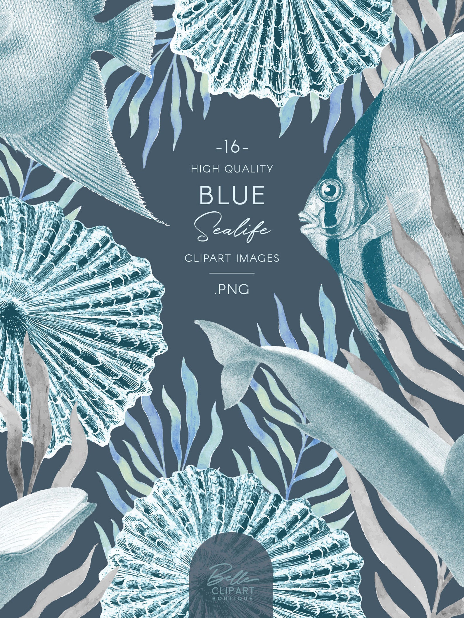 Blue Fish & Sea Life Clip Art Set, Vintage Marine Illustrations ...