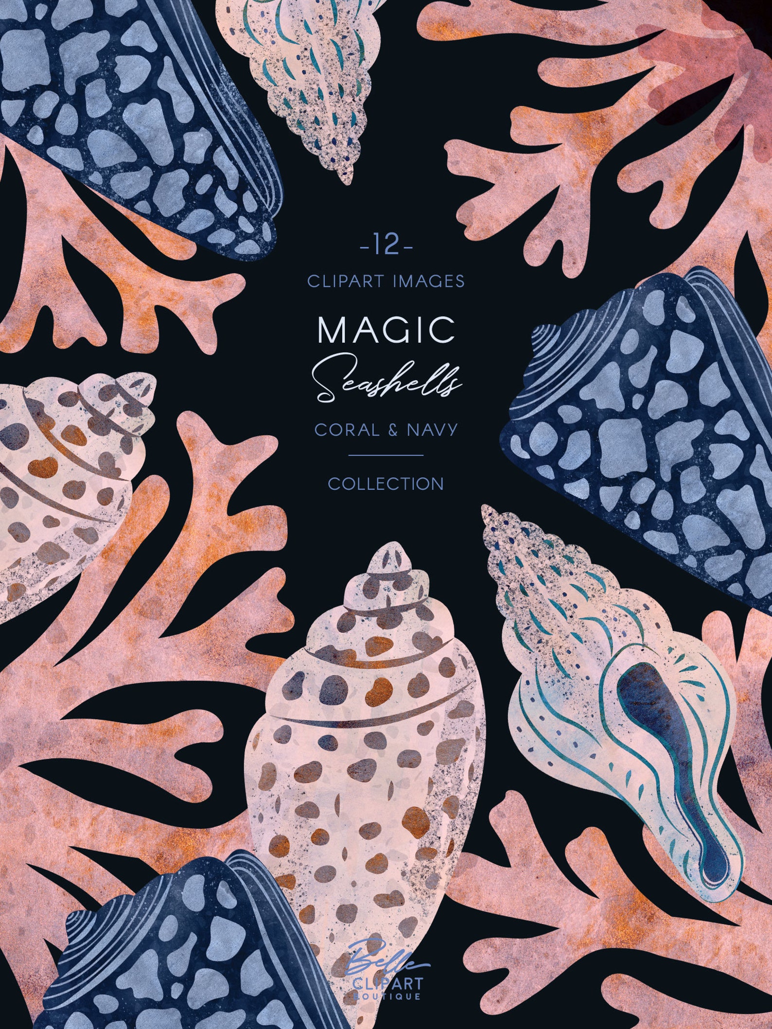 Summer Seashells Clip Art Coral & Navy Watercolor Nautical | Etsy