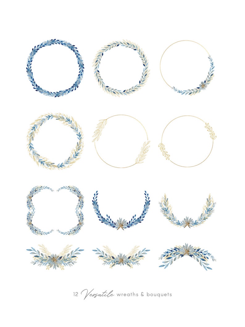 Gold Floral Watercolor Wreaths Clip Art, Elegant Blue Frames ...
