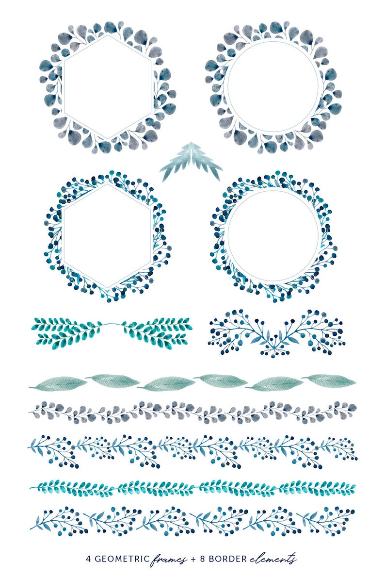 Blue Hand Painted Watercolor Wreaths, Geometric Frames and Borders ...