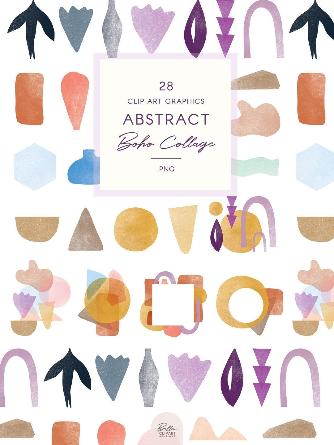 Abstract Boho Collage Clipart, Transparent Watercolor Shapes, Textured ...