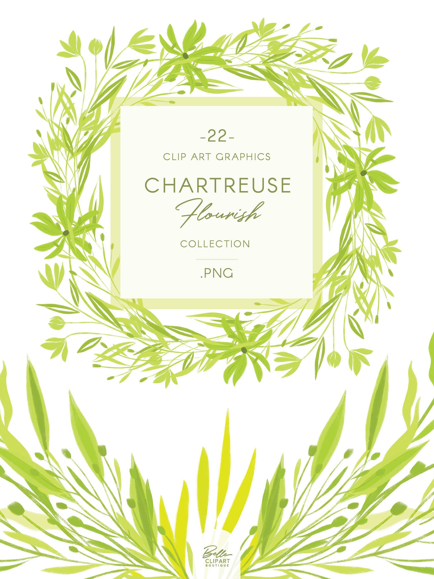 Chartreuse Greenery Clip Art, Neon Green Watercolor Botanical Line Art ...