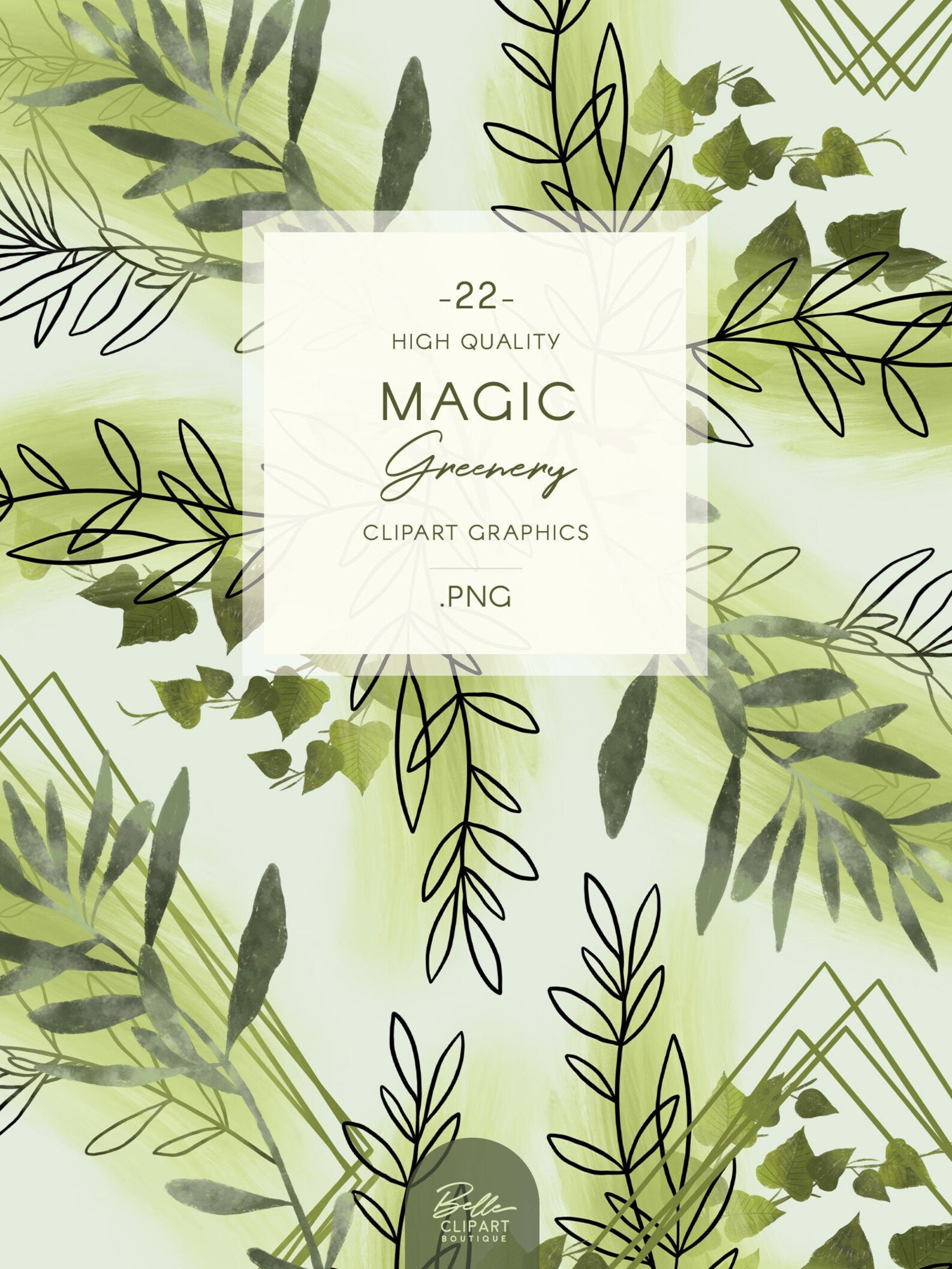 Line Art Greenery & Green Watercolor Leaves and Frames Clip - Etsy