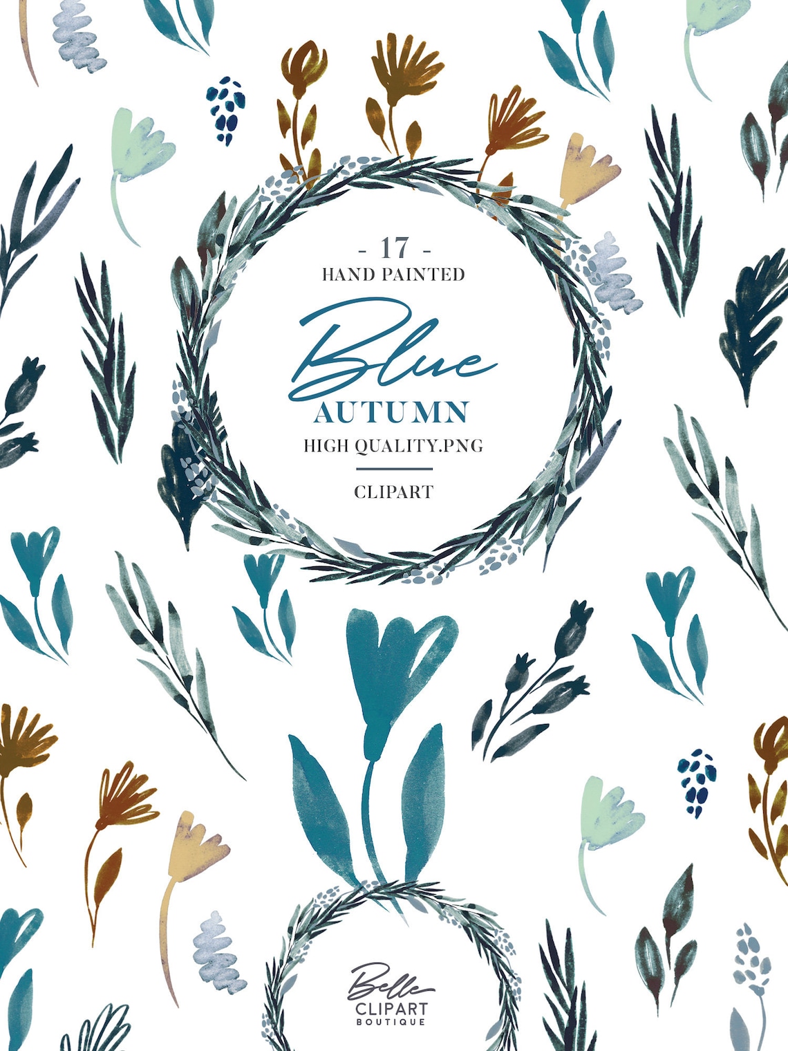 Blue autumn florals watercolor clip art 17 hand painted | Etsy