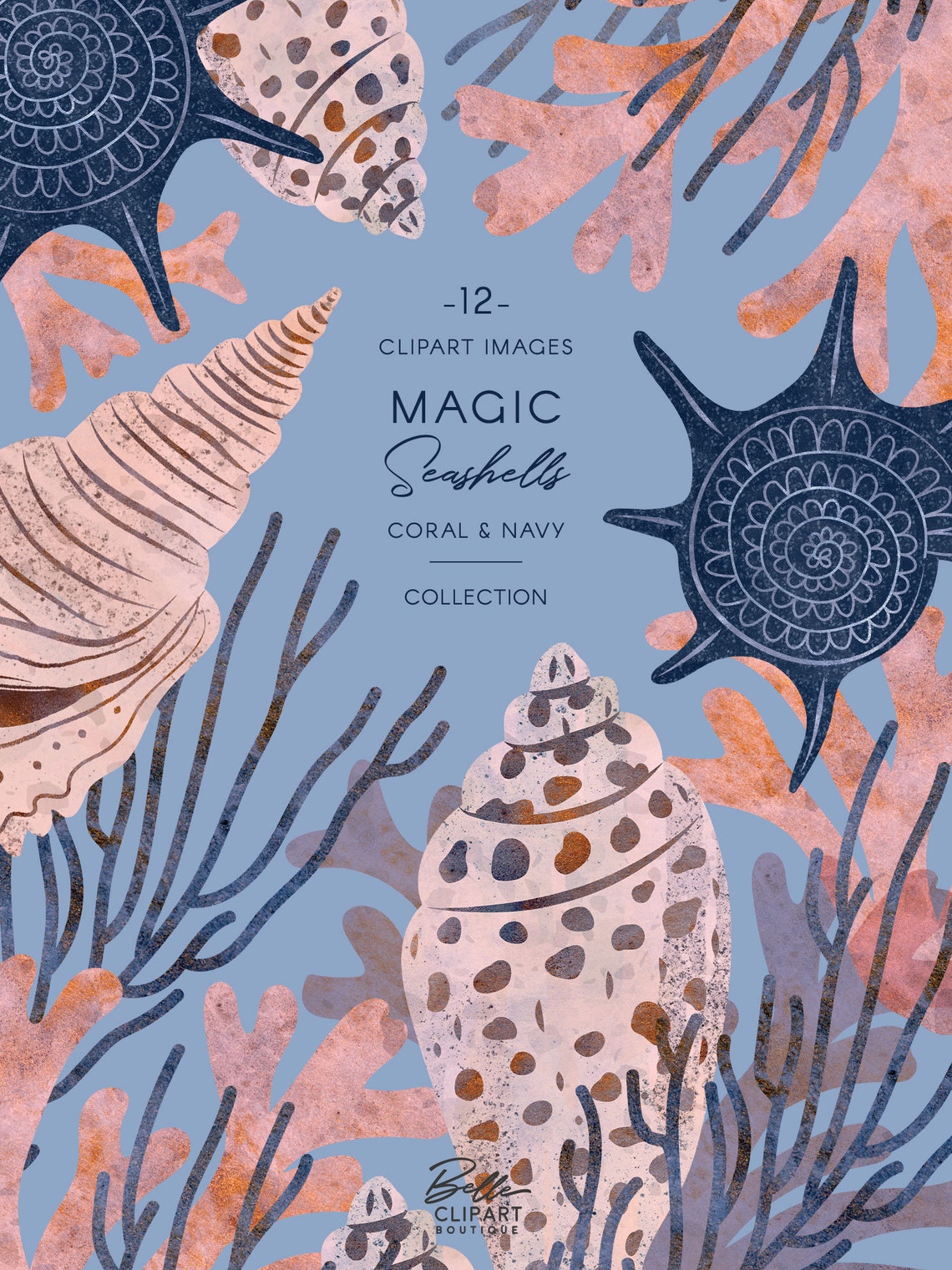 Summer Seashells Clip Art Coral & Navy Watercolor Nautical | Etsy