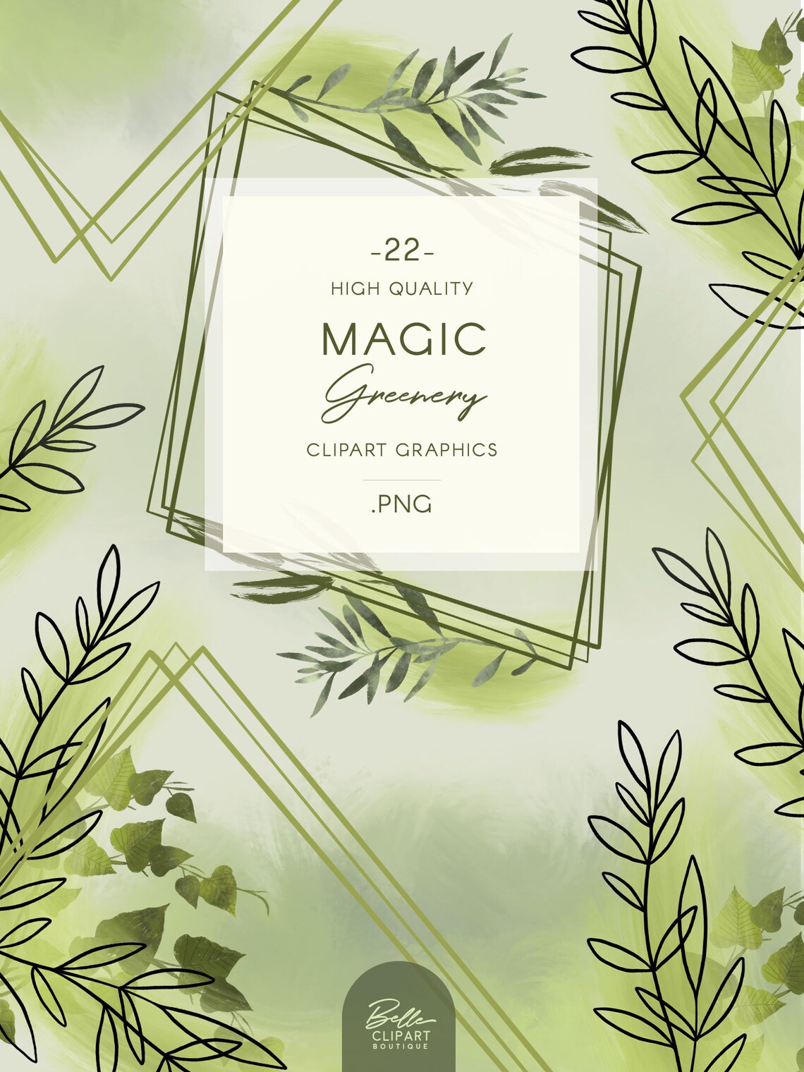 Line Art Greenery & Green Watercolor Leaves and Frames Clip - Etsy