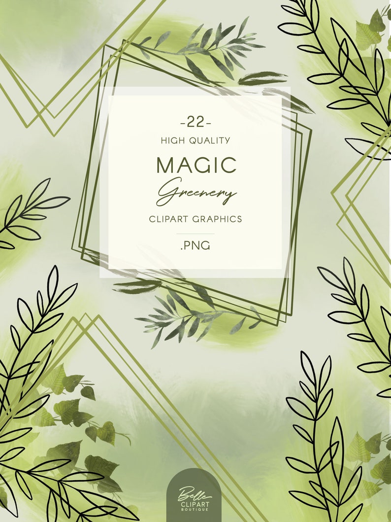 Line Art Greenery & Green Watercolor Leaves and Frames Clip - Etsy