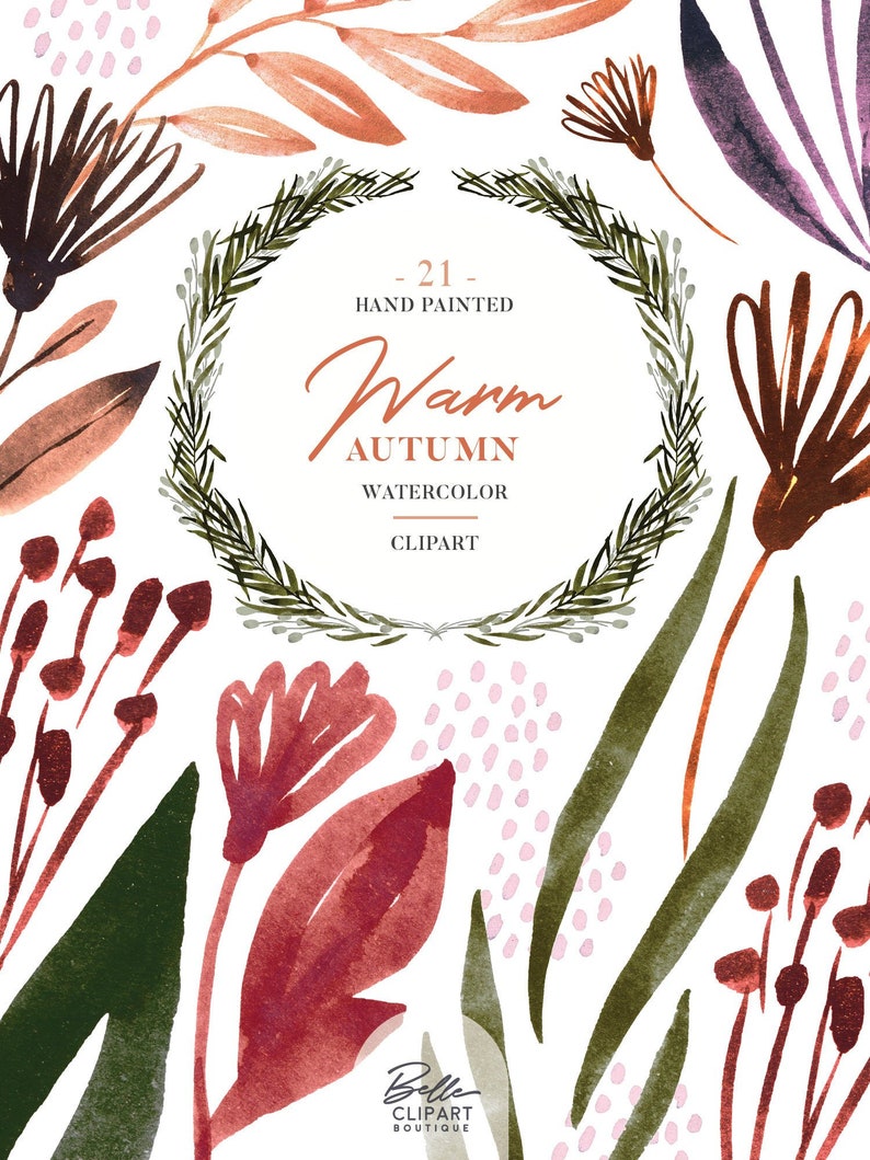 Warm Autumn Watercolor Clip Art, Orange Flowers & Leaves, Wreath ...