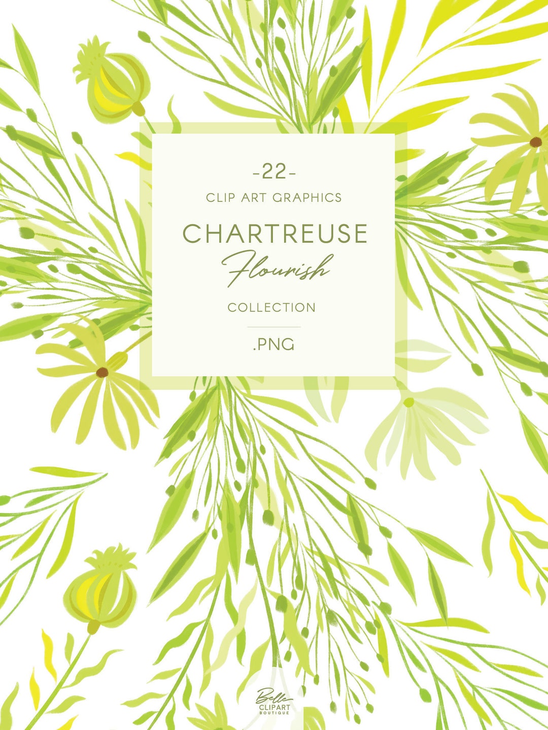 Chartreuse Greenery Clip Art, Neon Green Watercolor Botanical Line Art ...