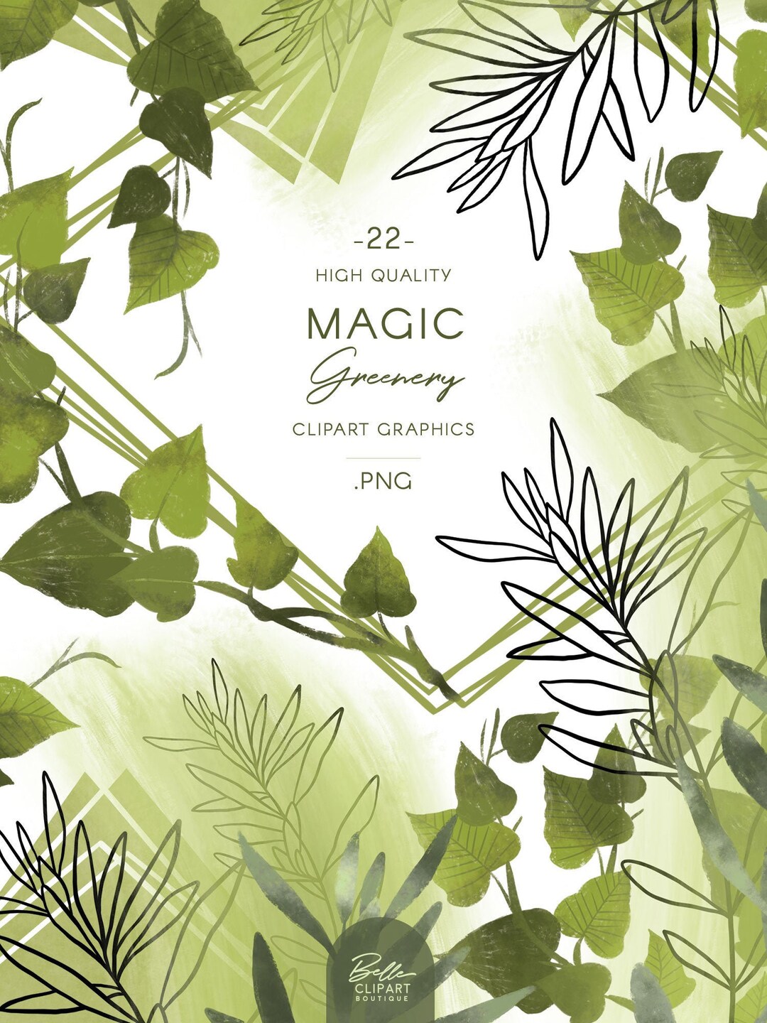 Line Art Greenery & Green Watercolor Leaves and Frames Clip Art - Etsy