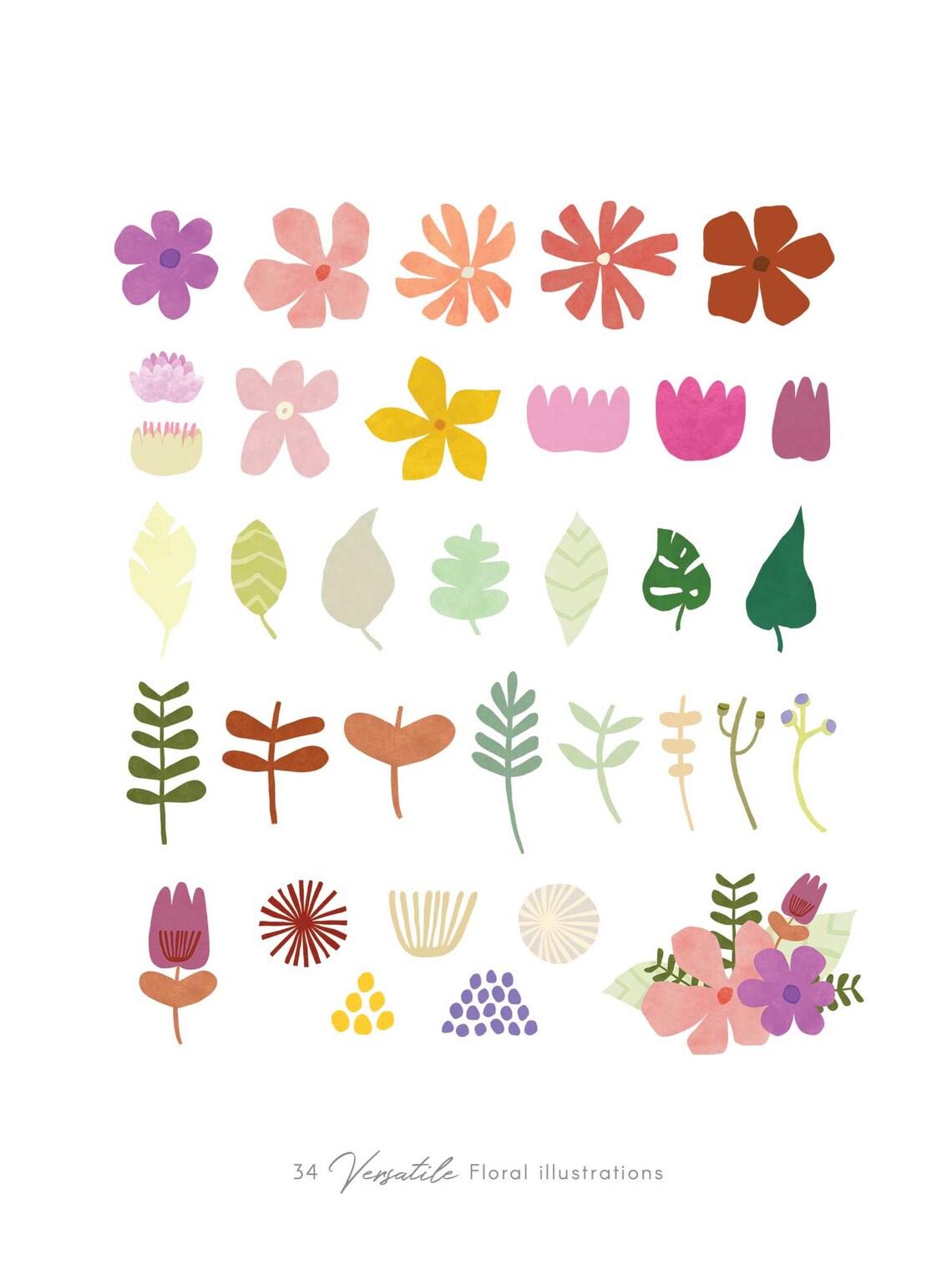 Simple Flower Clip Art Blooms Leaves and Bouquets Cute | Etsy