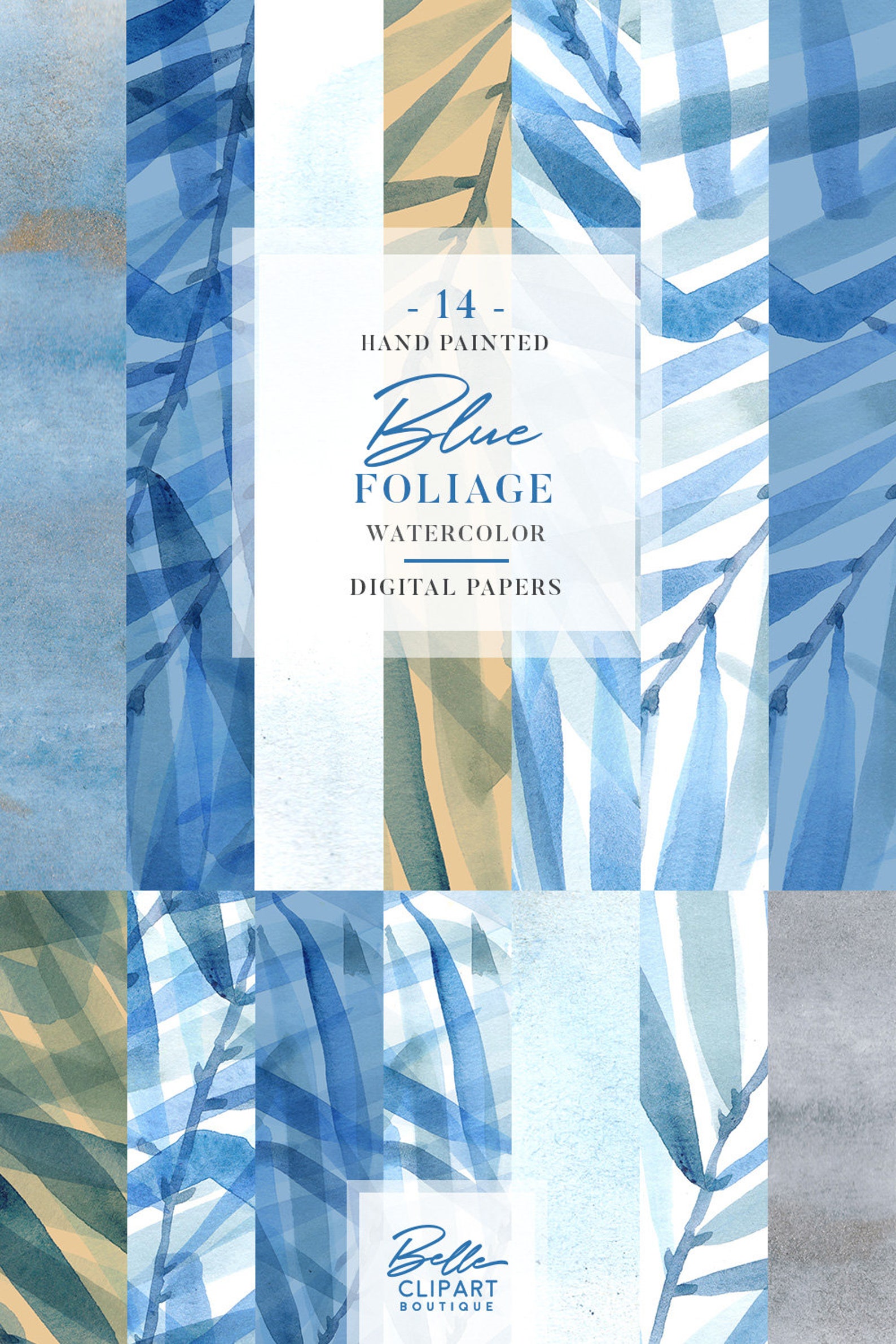 Blue Foliage Watercolor Digital Paper Set, Botanical Backgrounds ...