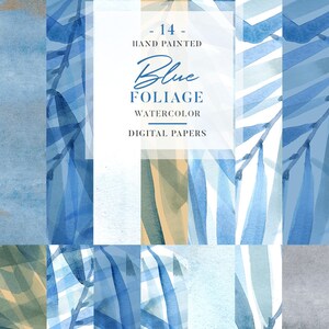 Blue Foliage Watercolor Digital Paper Set, Botanical Backgrounds ...