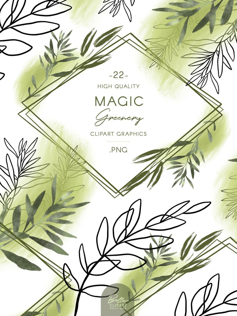 Line Art Greenery & Green Watercolor Leaves and Frames Clip - Etsy