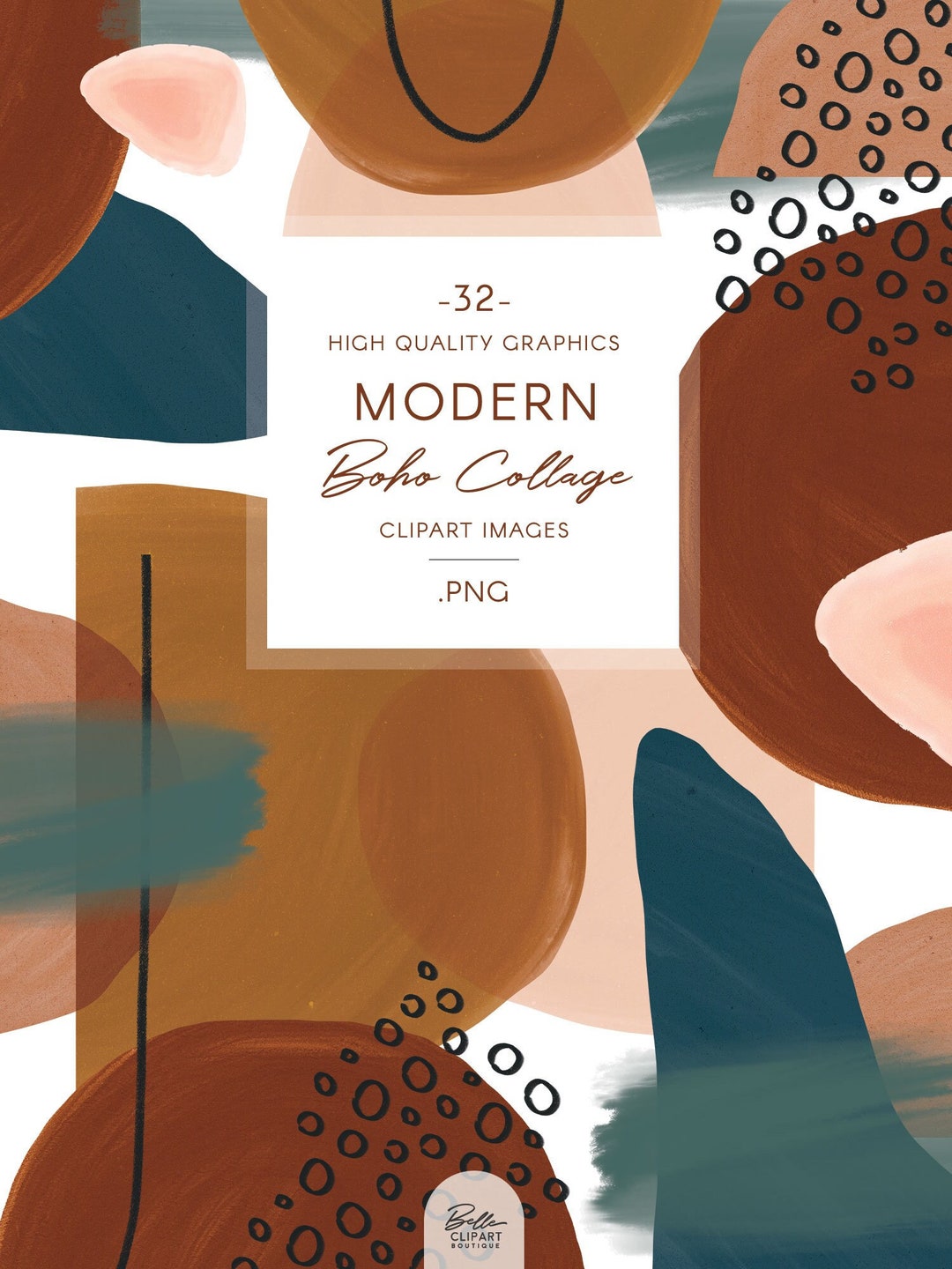Modern Boho Collage Clipart, Neutral Abstract Shapes, Hand Drawn ...