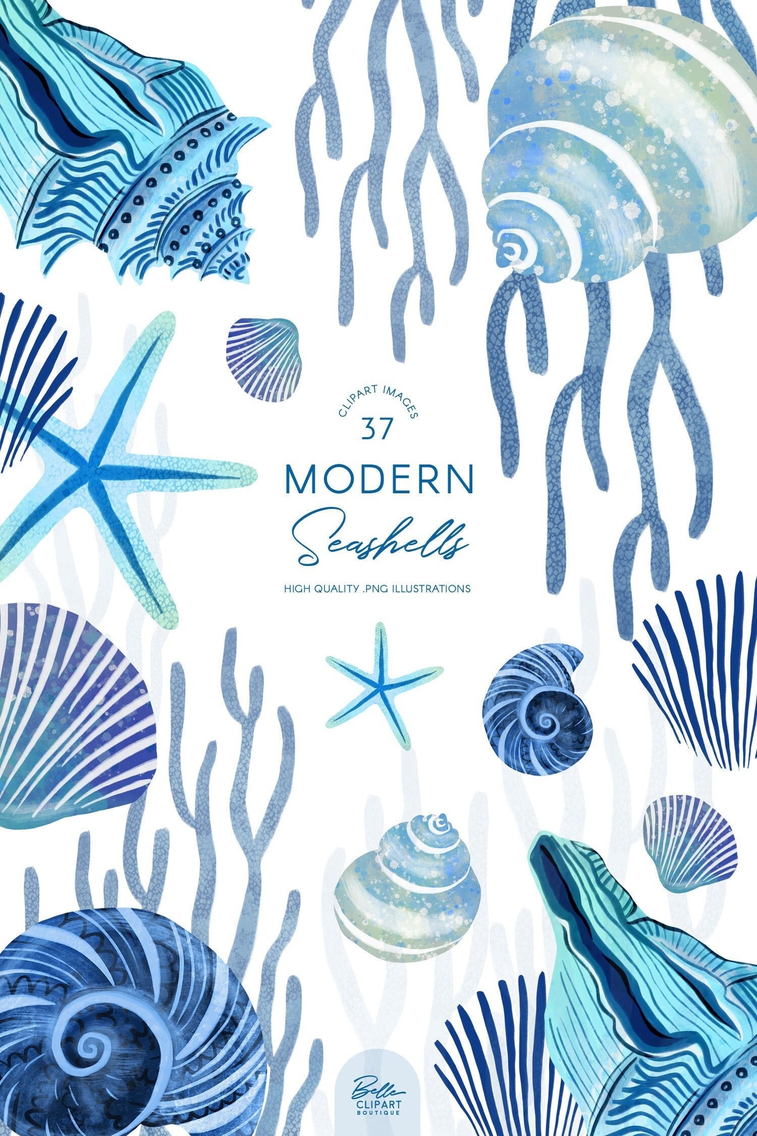 Blue Seashells Clip Art, Watercolor Ocean Shells, Stars & Corals ...