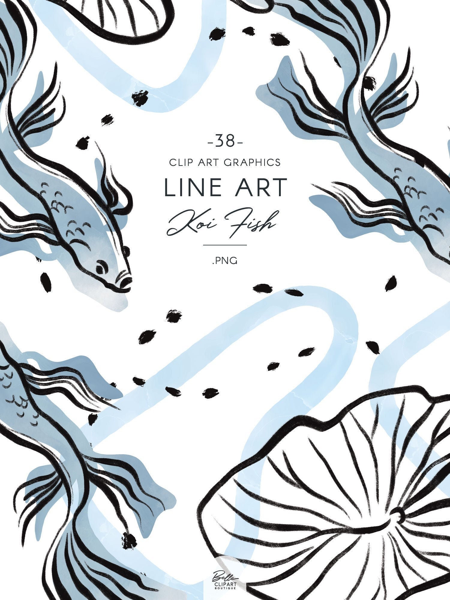 Koi Fish & Botanical Line Art PNG Clipart Watercolor and Ink - Etsy