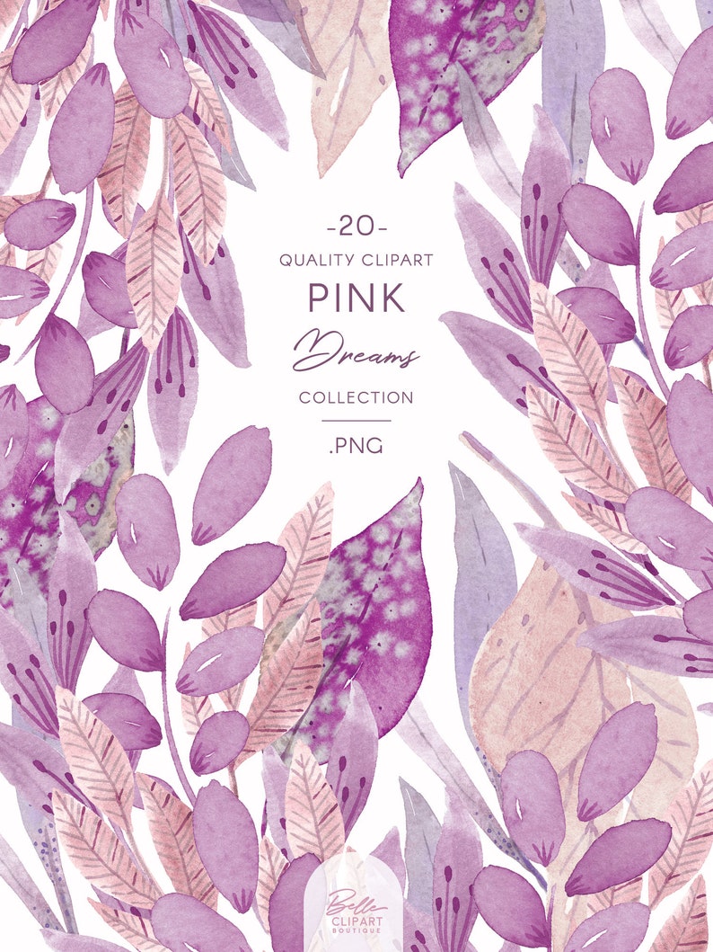 Pink Foliage Watercolor Clip Art PNG Hand Painted Leaves and - Etsy