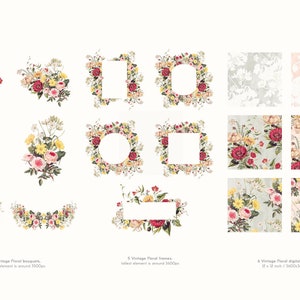 Vintage Floral Clipart Bundle, PNG Flower Bouquets, Frames & Digital ...