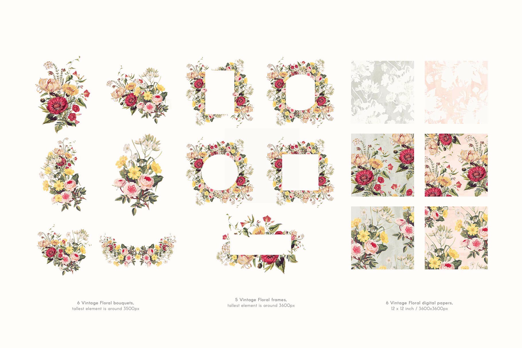 Vintage Floral Clipart Bundle, PNG Flower Bouquets, Frames & Digital ...