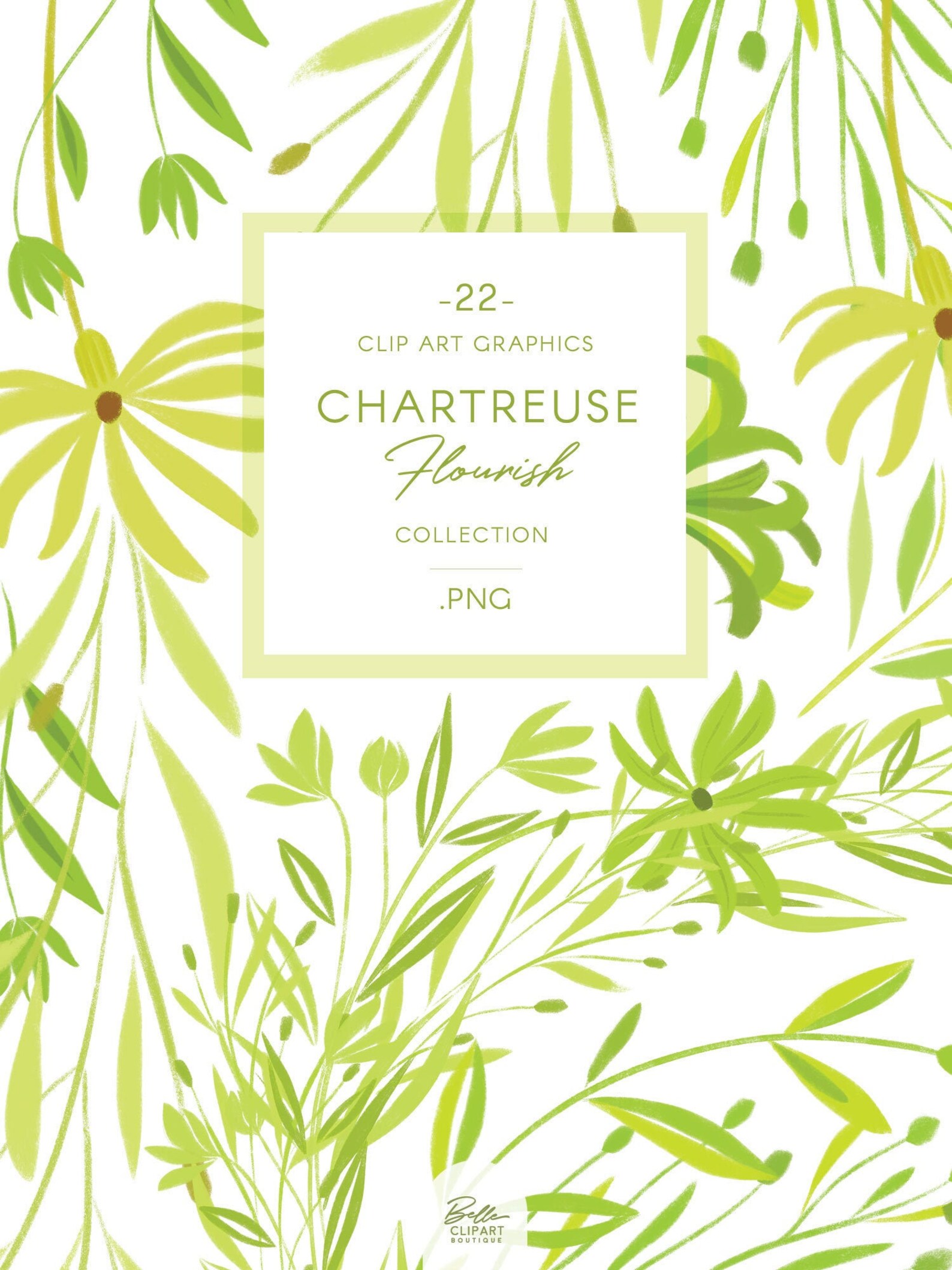 Chartreuse Greenery Clip Art, Neon Green Watercolor Botanical Line Art ...