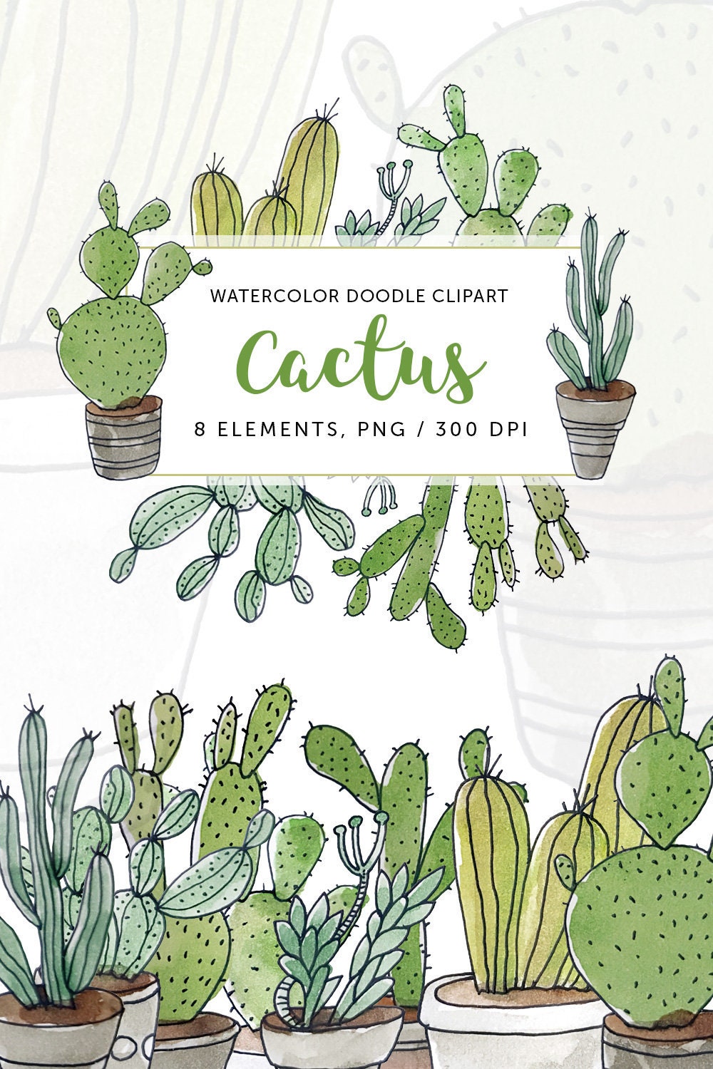 Doodle Cactus Clipart Hand Painted Watercolor Cacti Set - Etsy