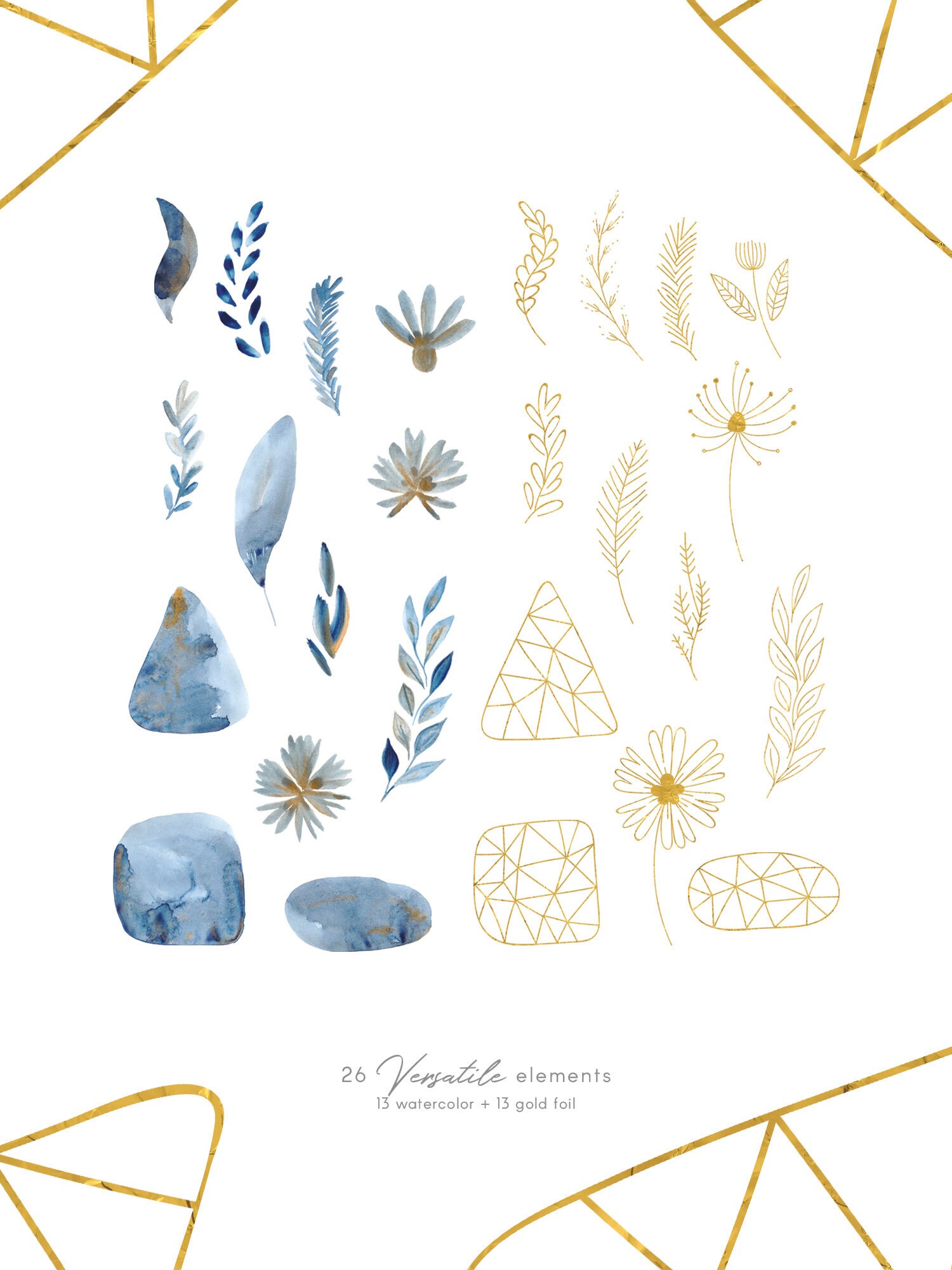 Gold & Blue Watercolor Clip Art Set Rustic Gold Line Drawings, Touch of ...