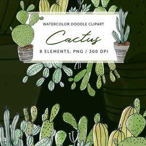 Doodle Cactus Clipart, Hand Painted Watercolor Cacti Set- Botanical ...