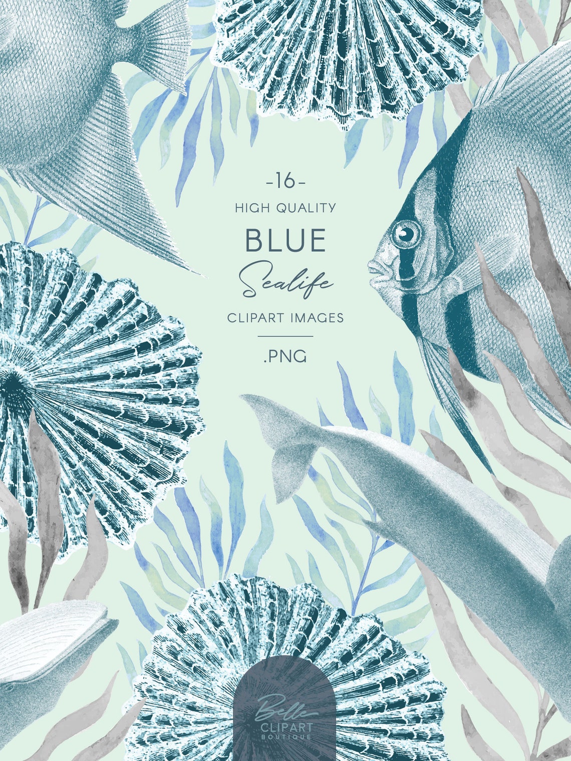 Blue Fish & Sea Life Clip Art Set Vintage Marine - Etsy