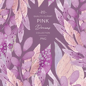 Pink Foliage Watercolor Clip Art, PNG Hand Painted Leaves and Wreaths ...