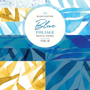 Abstract Blue Foliage VOL 2, 18 Watercolor Digital Papers, Painted ...