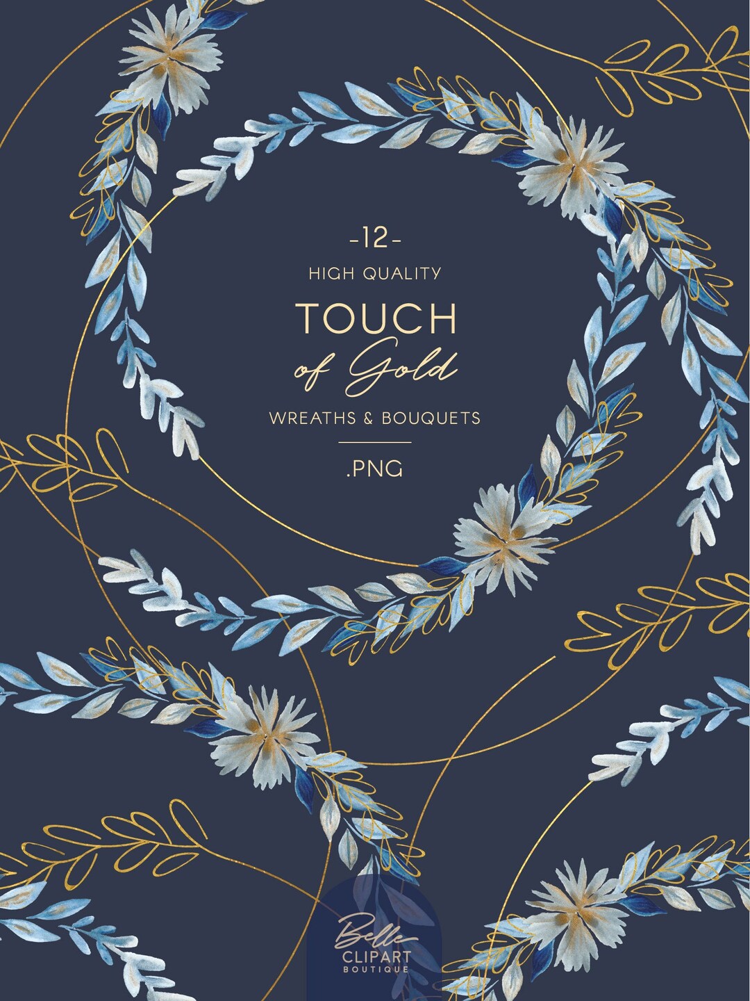 Gold Floral Watercolor Wreaths Clip Art, Elegant Blue Frames ...