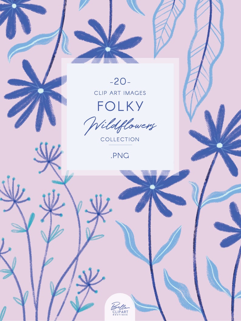 Blue Wildflower Clipart: Hand-drawn Folky Florals (PNG Digital Download ...