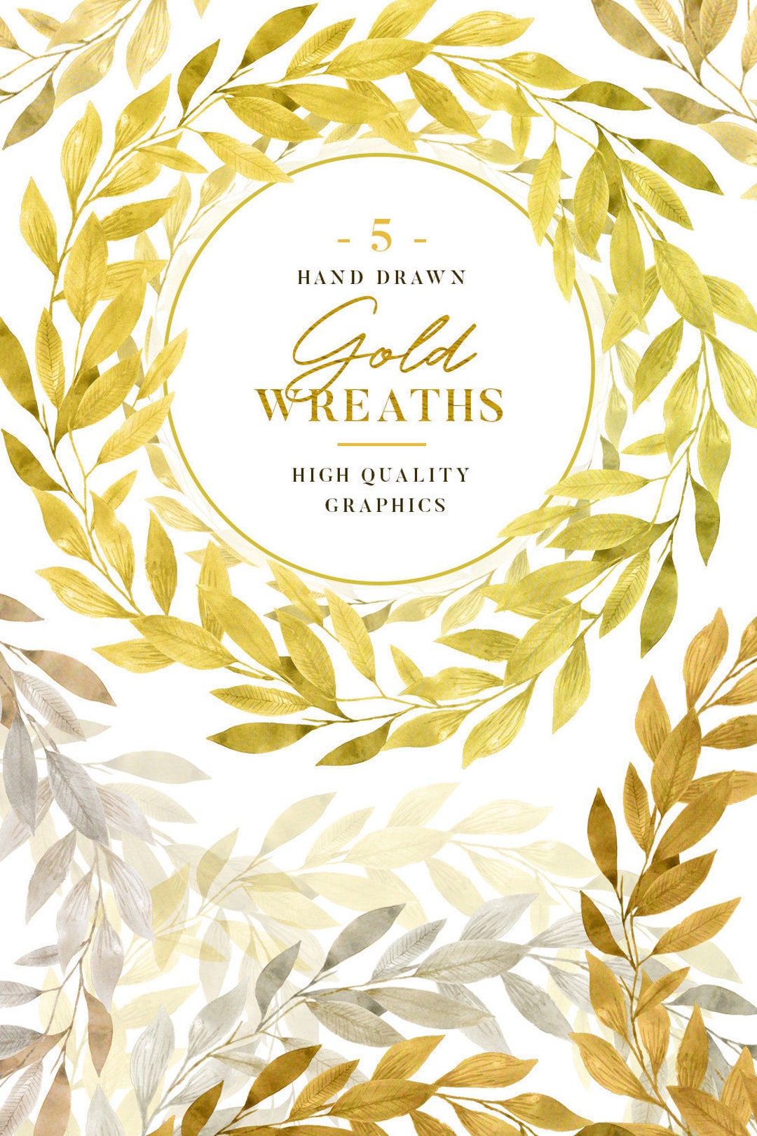 Gold Leaf Wreaths Clipart: Watercolor Botanical Frames (digital ...