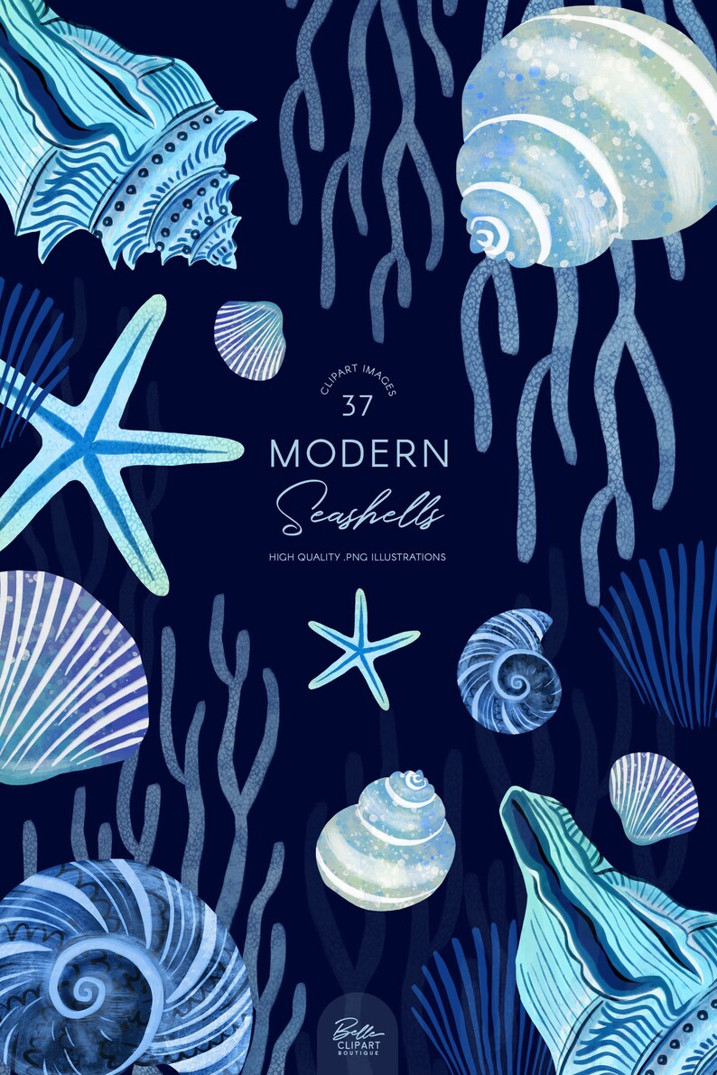 Blue Seashells Clip Art, Watercolor Ocean Shells, Stars & Corals ...