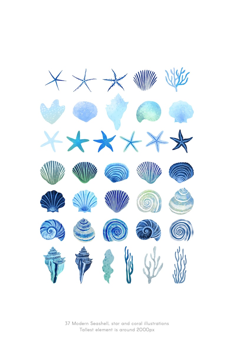 Blue Seashells Clip Art, Watercolor Ocean Shells, Stars & Corals ...
