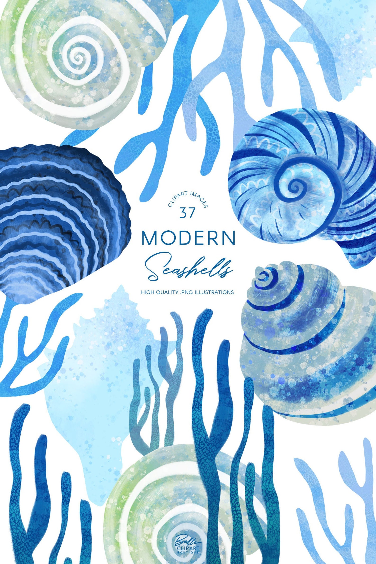 Blue Seashells Clip Art, Watercolor Ocean Shells, Stars & Corals ...