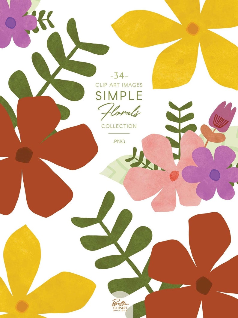 Simple Flower Clip Art, Blooms, Leaves and Bouquets, Cute Colorful ...