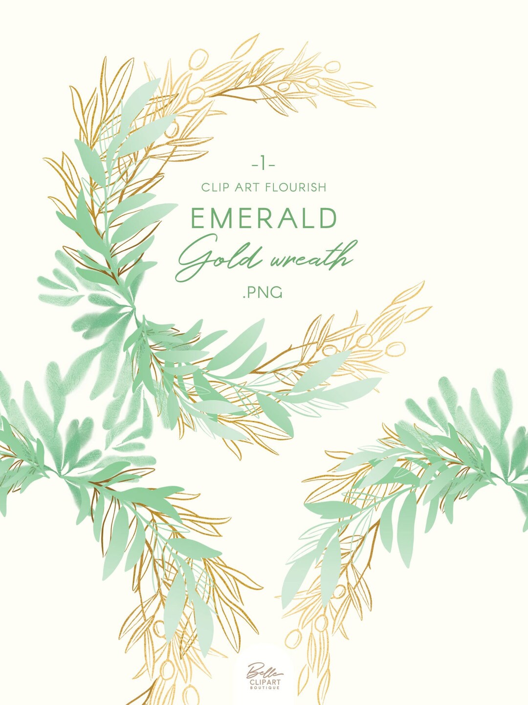 Emerald Gold Wreath Clip Art, Watercolor Greenery & Olive Branch ...