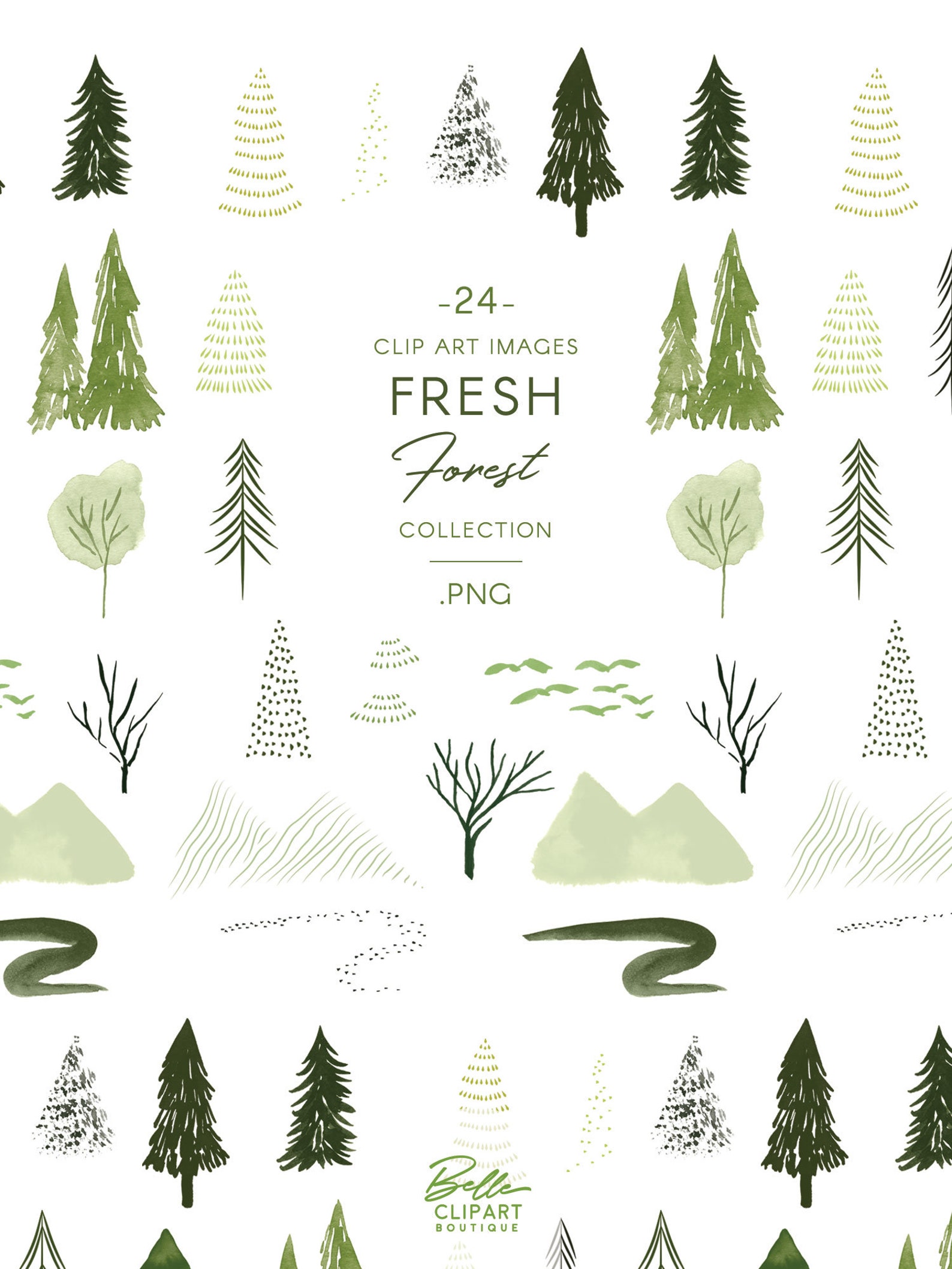 Watercolor Forest Trees Clipart Set Abstract Woodland | Etsy