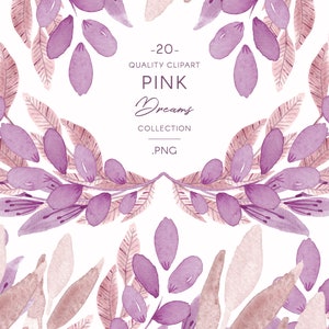Pink Foliage Watercolor Clip Art, PNG Hand Painted Leaves and Wreaths ...