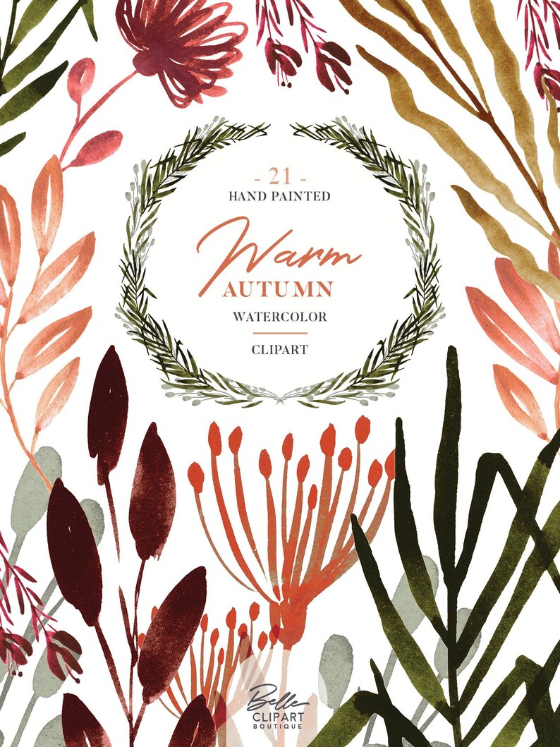 Warm Autumn Watercolor Clip Art, Orange Flowers & Leaves, Wreath ...