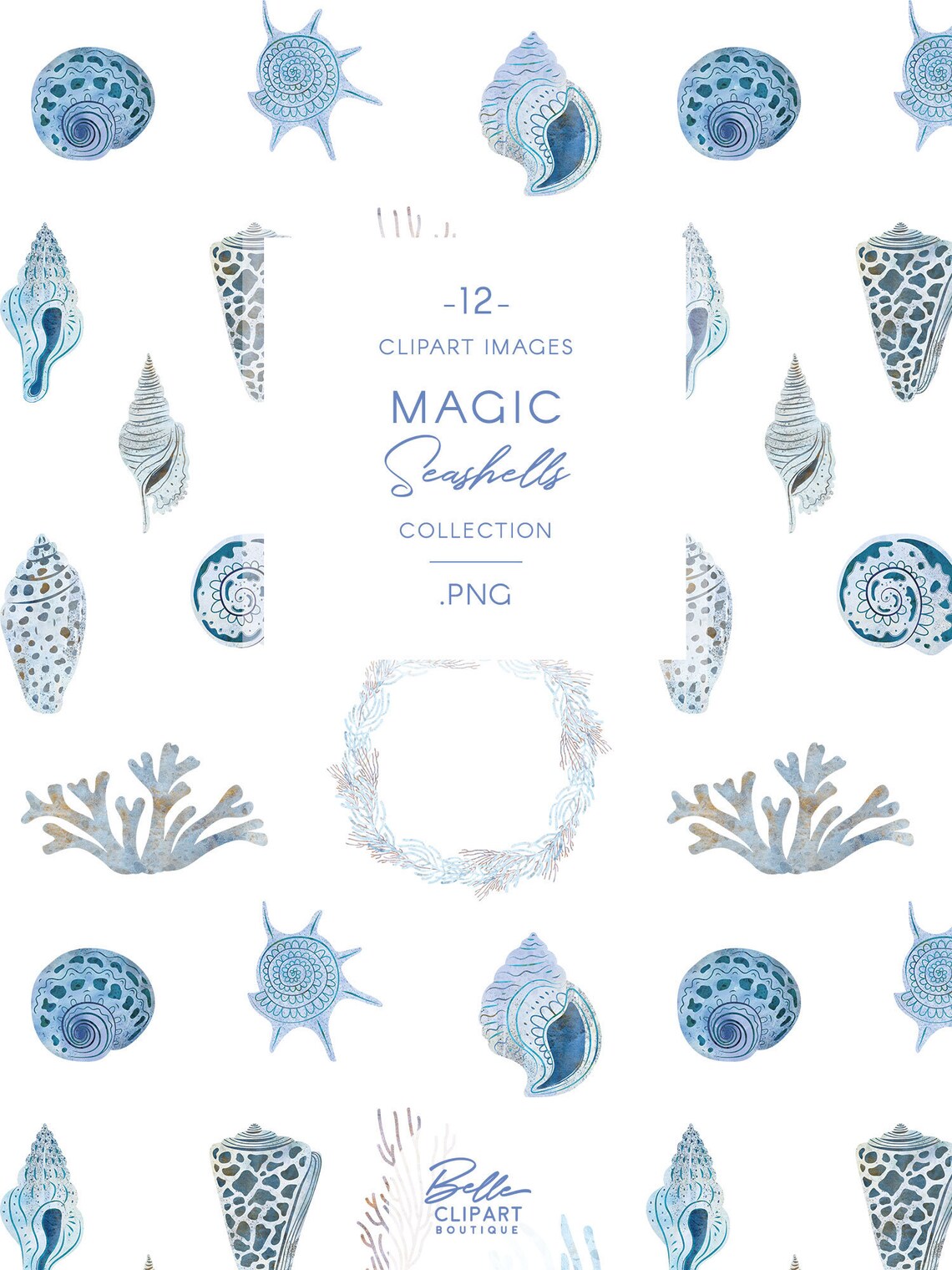 Light Blue Seashells Clip Art Watercolor Ocean Illustrations | Etsy